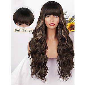 AISI QUEENS Brown Wig with Bangs for Women Long Wavy Hair Wig Brown Highlight Wig Curly Wavy Synthetic Wigs for Girls Daily Party Use
