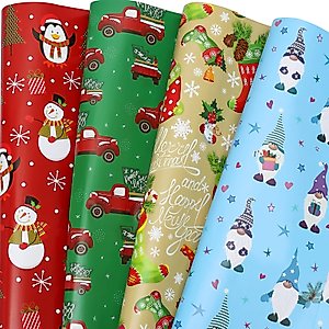 U'COVER Christmas Wrapping Paper for Kids Boys Girls 8 Large Sheet Xmas Holiday Gift Wrapping Paper Penguin Snowman Red Truck Gnomes Stocking Wrap Paper Fold 27 * 36inch