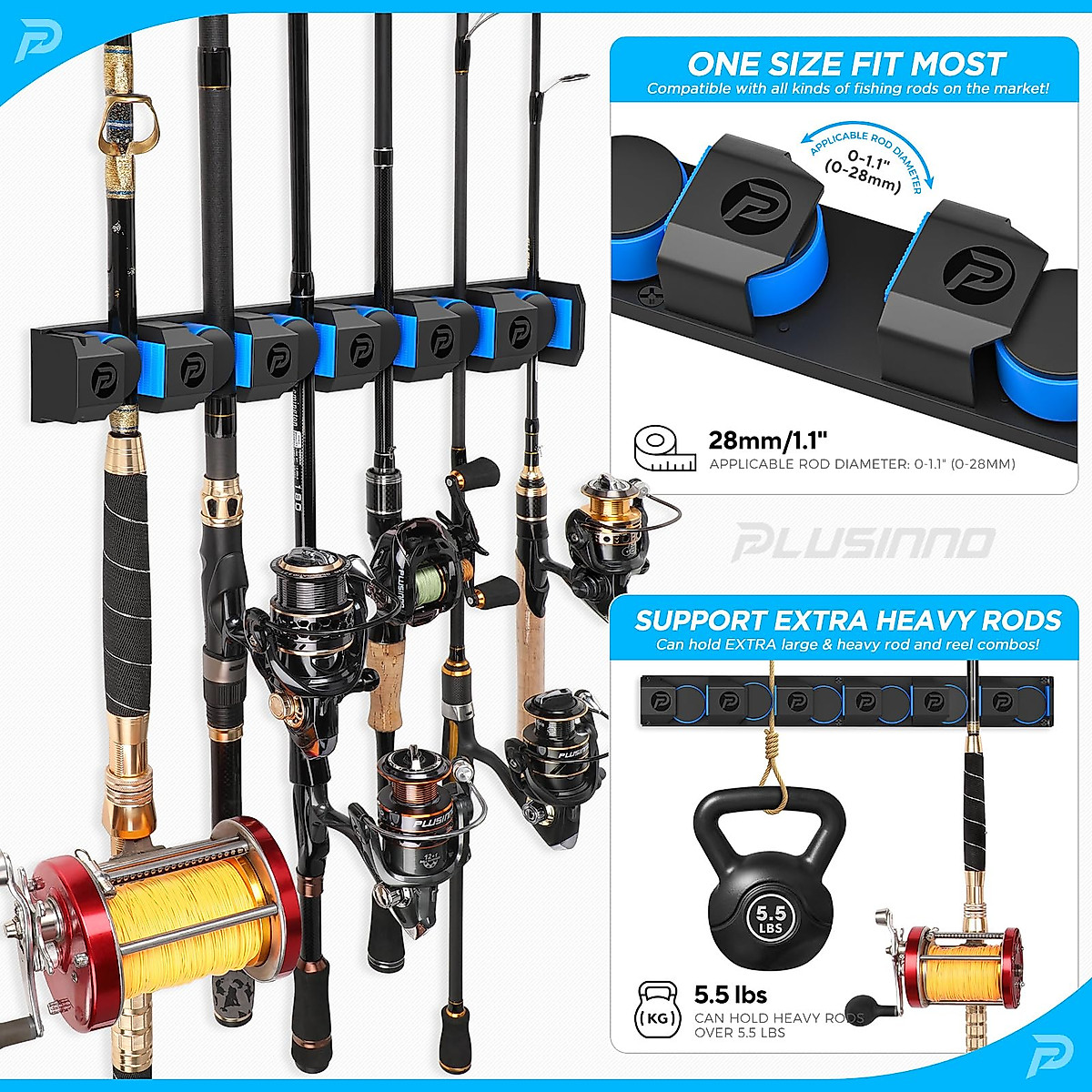 PLUSINNO Fishing Rod Holders - V6 Vertical Support for Extra Large & Heavy Fishing Rod Combos, Garage & Wall Mounted Rack Storage