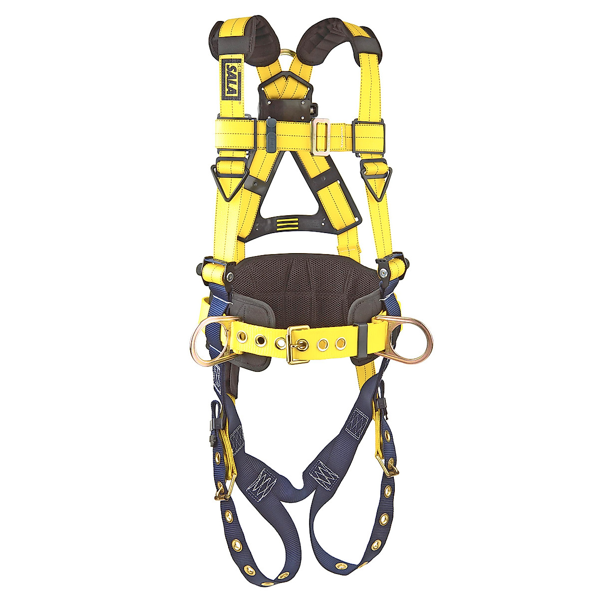 3M DBI-SALA Delta 1102201 Construction Harness, Back and Side D-Rings, Tongue Buckle Legs, Body Belt and Hip Pad, 420 lb Capacity, Small, Yellow/Navy