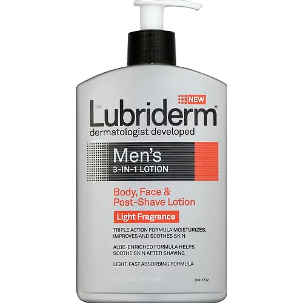 Lubriderm Men's 3-In-1 Lotion Enriched with Soothing Aloe for Body and Face, Non-Greasy Post Shave Moisturizer with Light Fragrance, 16 fl. oz