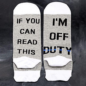 JXGZSO 2 Pairs Police Gift Socks Can Read This I'm Off Duty Thin Blue Line Gag Gift for Cop Policeman (Off Duty Blue Grey Ankle Socks)