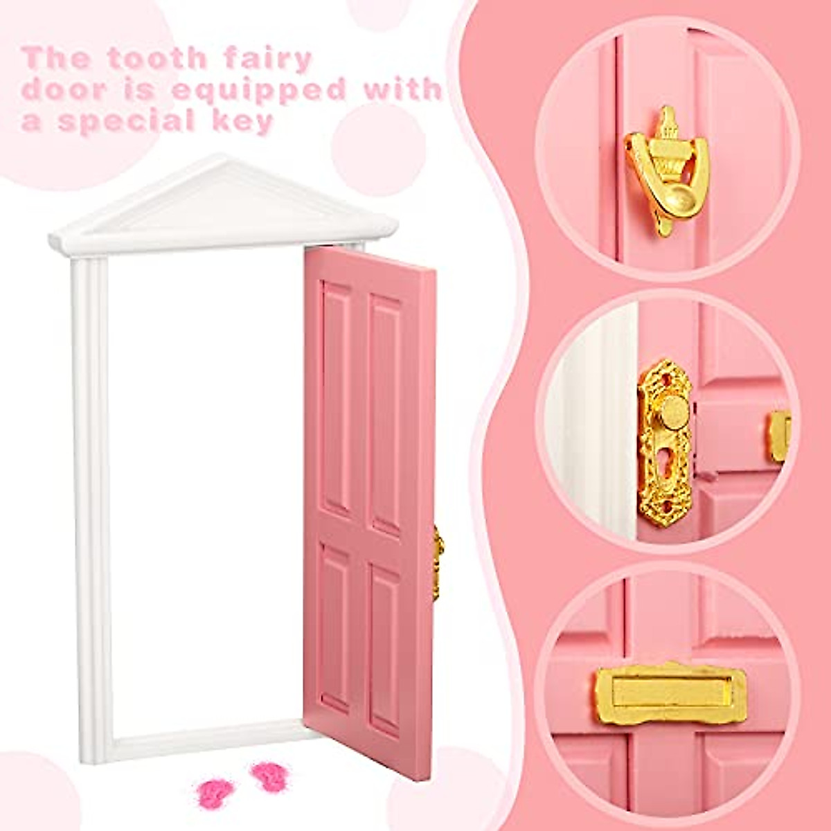 Tooth Fairy Door Kit Mini Wooden Tooth Fairy Door with Accessories Fairy Tale Education Learning Toy for Girls Dollhouse Fairy Garden Decoration DIY Craft Activities (Pink)