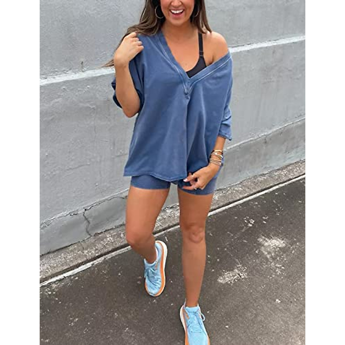 Ailoqing 2 Piece Outfits for Women Summer Oversized V Neck T Shirt Biker Short Sets Hot Shot Reversible Set(Blue-M)