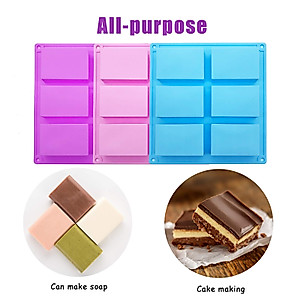 Silicone Soap Molds,6 Cavities Rectangle Silicone Molds for Homemade Craft Soap Mold, Cake Mold, Chocolate Mold ＆ Ice Cube Tray -Molds Set of 3(Blue & Purple& Pink).