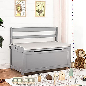 Curipeer Kids Toy Box Chest, Gray Rubber Wood Toy Box for Boys Girls, Large Storage Cabinet with Cushion Seat Bench/Flip-Top Lid/Safety Hinge, Toy Storage Organizer Trunk for Nursery, Playroom