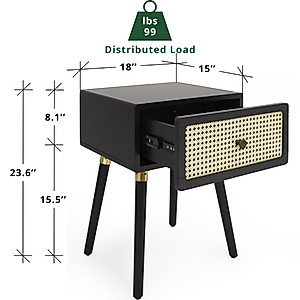 Bme Nipe Black Solid Wood Rattan Nightstand Fully Assembled, Woven Cane End Table, Bedside Table for Modern Bedroom, Boho Living Room with Long Wood Legs Large Storage 1-Drawer