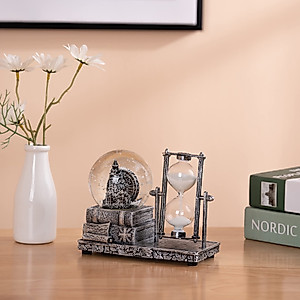 Antique Crystal Music Snow Globe with Sand Clock Timer Hourglass LED Music Globe Collectibles Home Decorations for Living Room Fireplace Mantel Silver Ferris Wheel