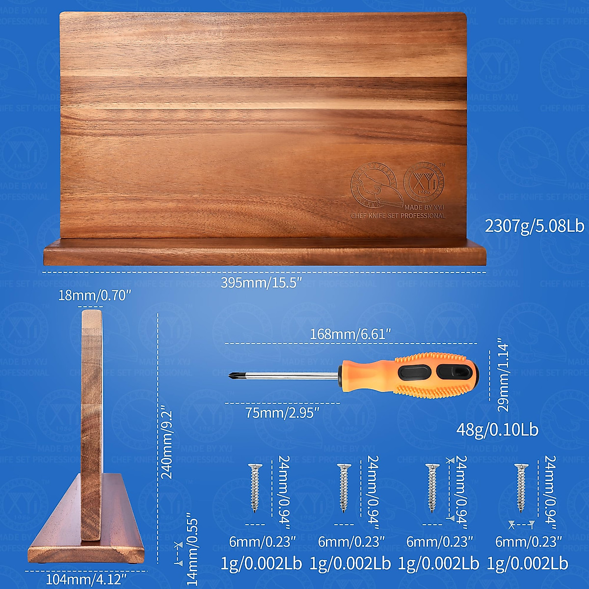 XYJ Extra Large Magnetic Knife Block Acacia Wood Knife Set Holder Stand With Stronge Magnetic Strip Kitchen Knives Storage Rack Organizer Tools No Drilling