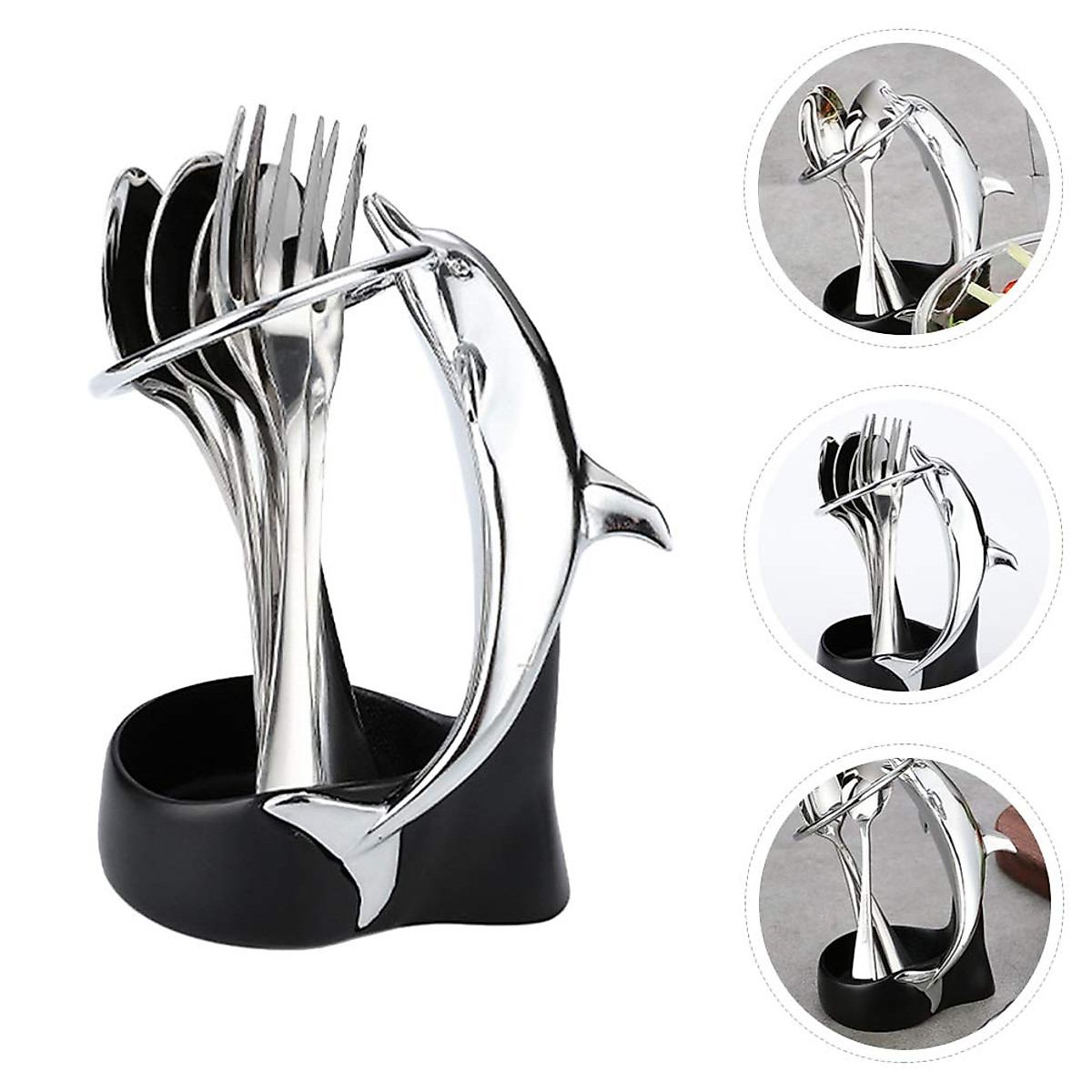 DOITOOL 3PCS Forks and Spoons Silverware Set with Organizer, Stainless Steel Silverware Set Tableware Dinnerware with Creative Dolphin Base Holder