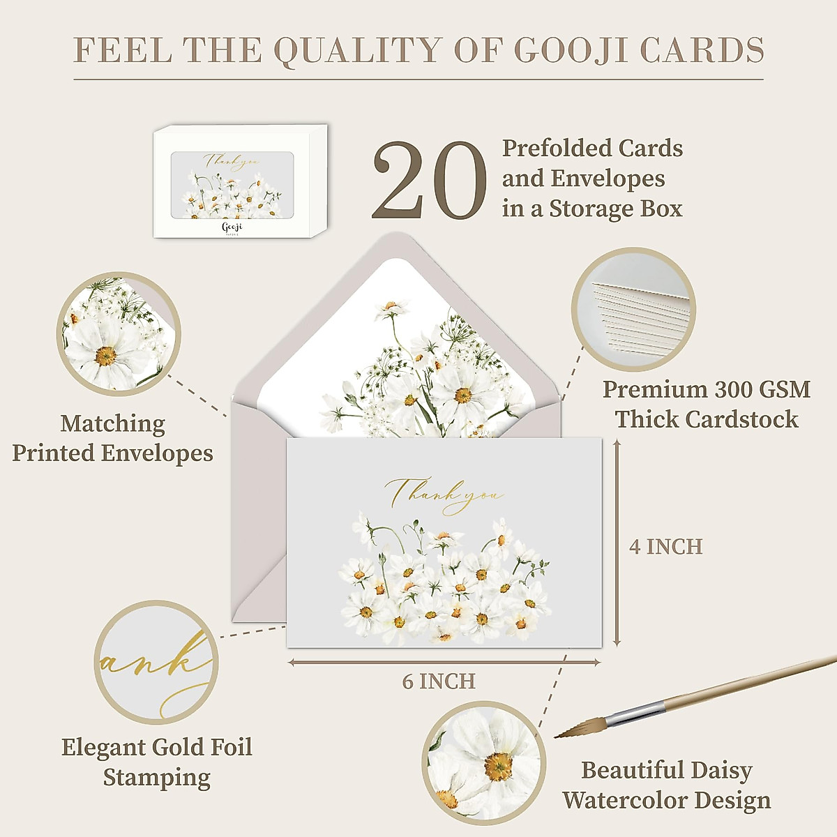 Gooji 4x6 Daisy Thank You Cards with Envelopes Floral Thank You Cards (Bulk 20-Pack) Watercolor Wildflower, Bridal Shower, Baby Shower, Weddings, Baptism, Small Business, Thanksgiving