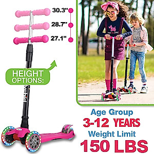 Scooters for Kids 3 Wheel Kick Scooter for Toddlers Girls & Boys, 4 Adjustable Height, Lean to Steer, Extra-Wide Deck, Light Up Wheels for Children from 3 to 14 Years Old,Pink