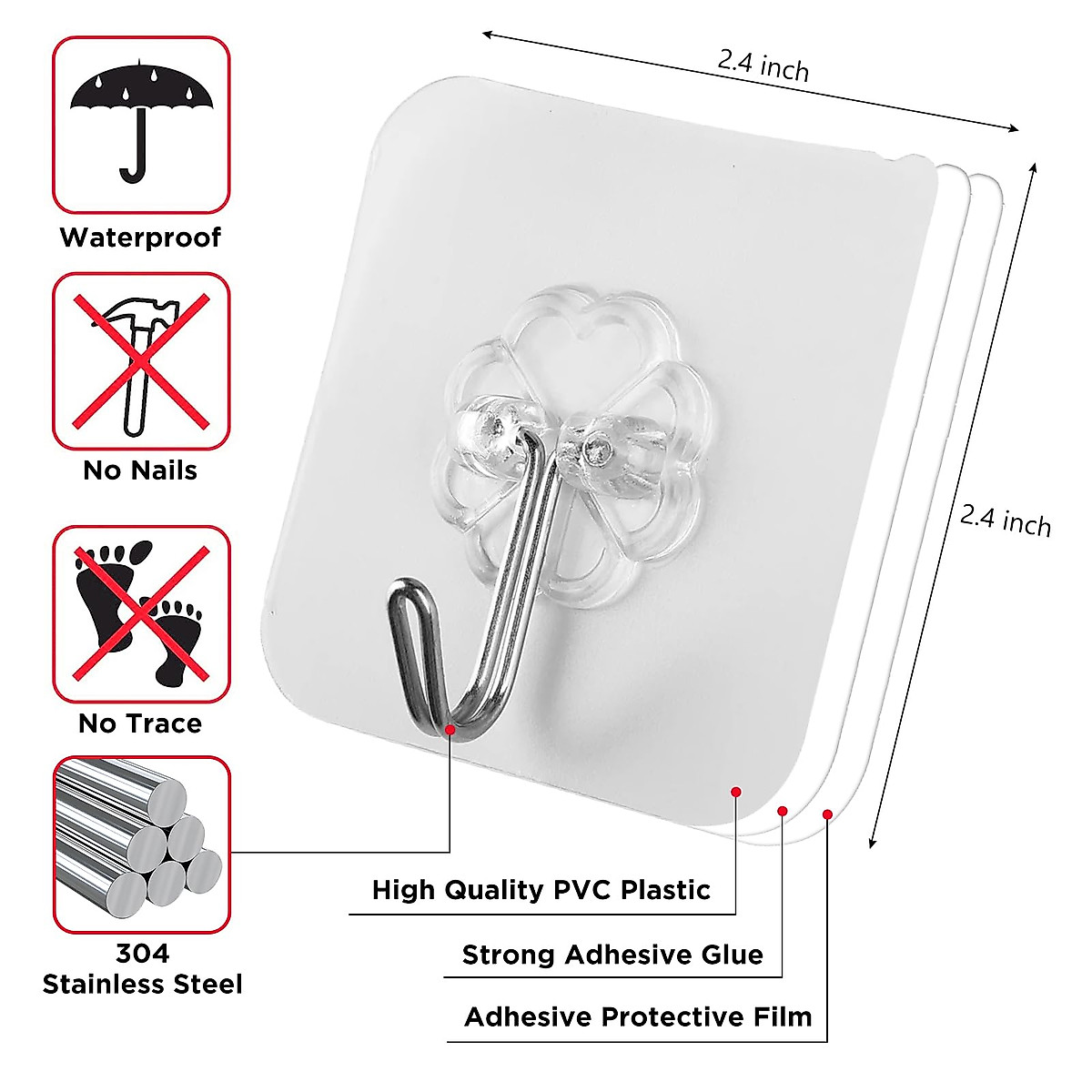 Vsezund 10 Pack Wall Hooks for Hanging 33lb(Max) Heavy Duty Self Adhesive Hooks Transparent Waterproof Sticky Hooks for Keys Bathroom Shower Outdoor Kitchen Door Home Improvement Utility Hooks