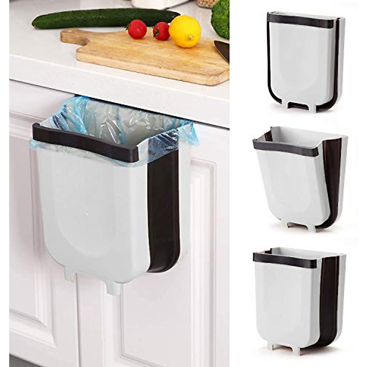 SheMarie Hanging Collapsible Trash Can - 9L Wall Mounted Foldable Waste Bin for Kitchen Cabinet Door - Quickly Clean Counter, Sink, Bathroom - RV, Car, Camping Folding Garbage Basket (White)