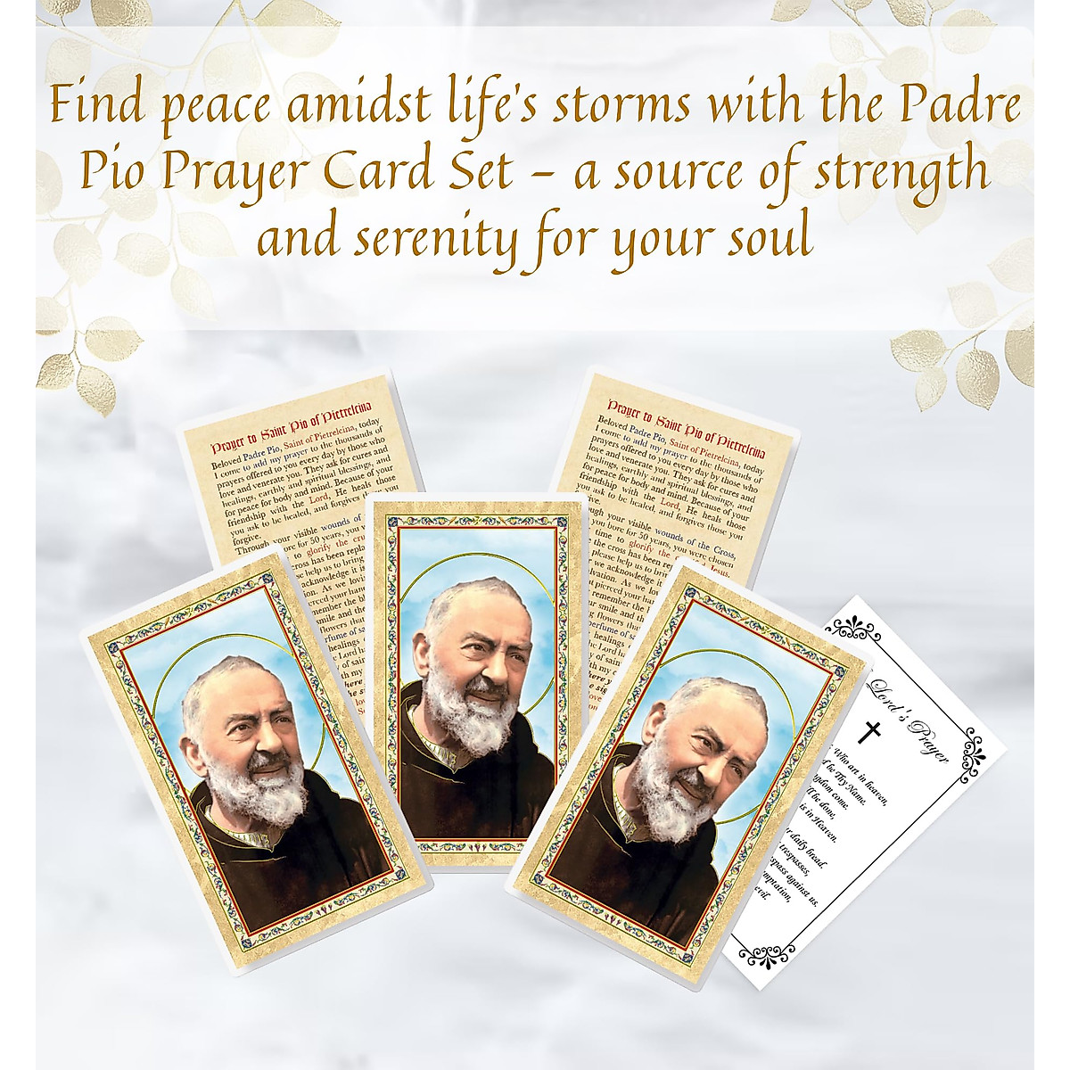 Father Pio Prayer Card - The Lord's Prayer - 5 Laminated Double Sided Padre Pio Holy Card for Daily Prayers - Padre Pio Healing Prayer Card, Patron Saint of Stress Relief Themed Set, 6 Items