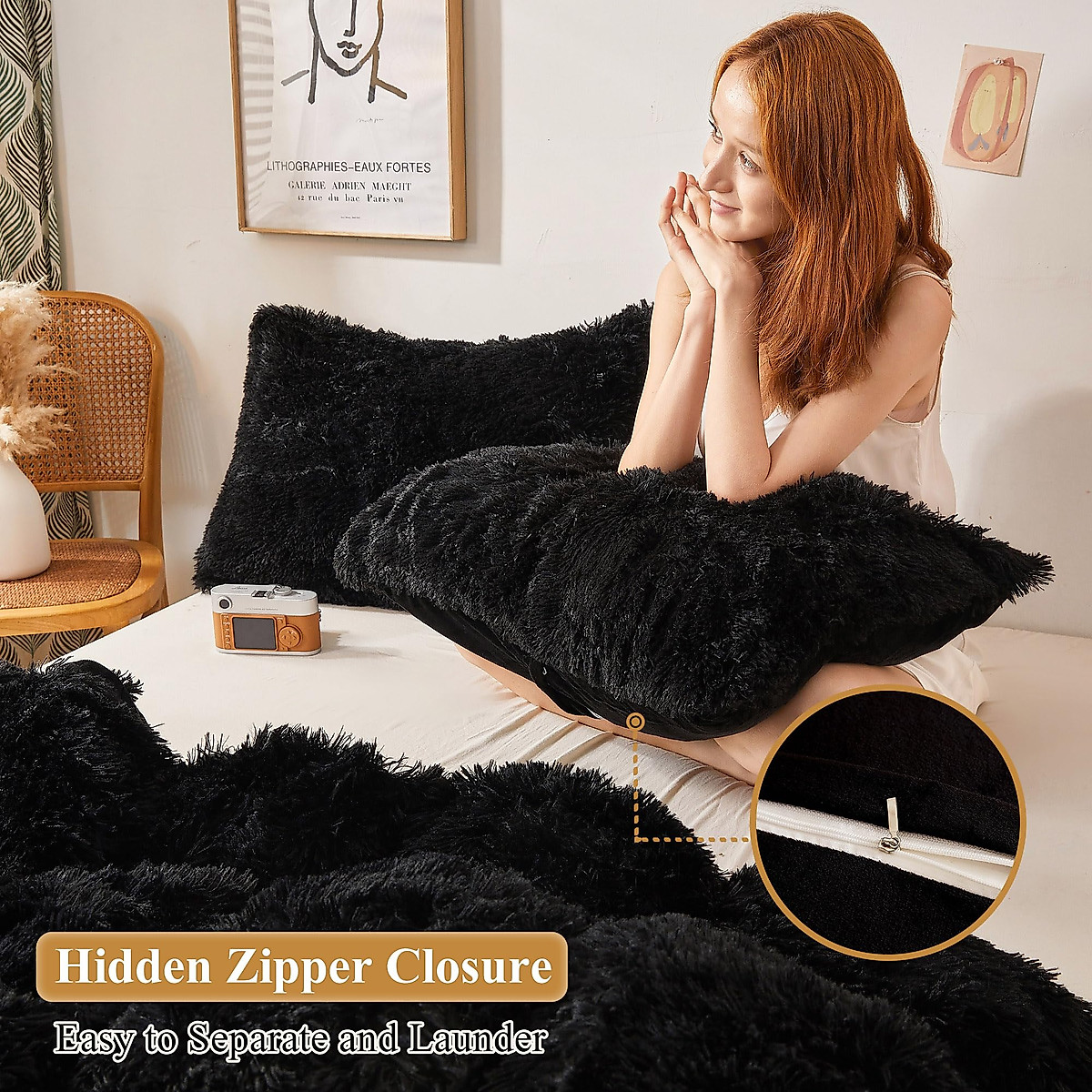 XeGe Faux Fur Throw Pillow Cases Plush Shaggy Ultra Soft Pillow Cover Fluffy Crystal Velvet Decorative Pillowcases Zipper Closure,Set of 2 (Standard, Black)