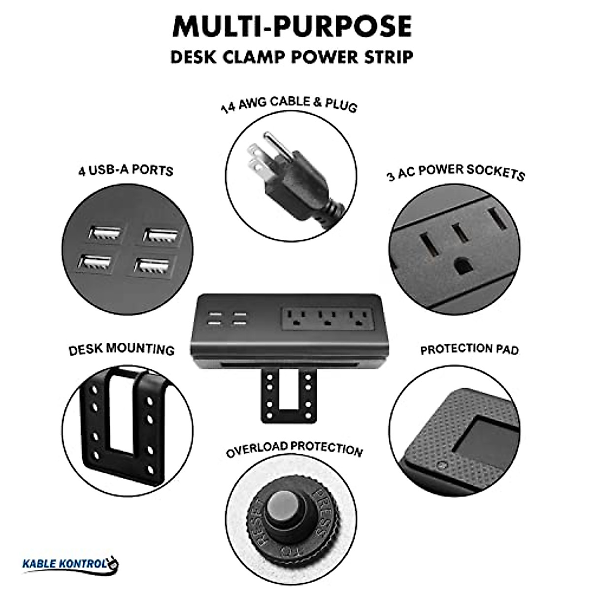 Kable Kontrol Desk Clamp Power Strip with 4 USB Ports, Desk Edge Power Charging Station, 3 Power Outlets, Fast Charger, Easy Installation for Home, Offices, Hotels – 4.9 Ft, Black