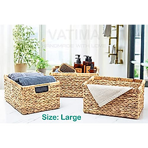 Wicker Baskets for Storage Organizing, Water Hyacinth Storage Baskets Rectangular with Wooden Handles for Shelves, Natural Wicker Storage Basket Bins - Set of Wicker Baskets for Home Organization