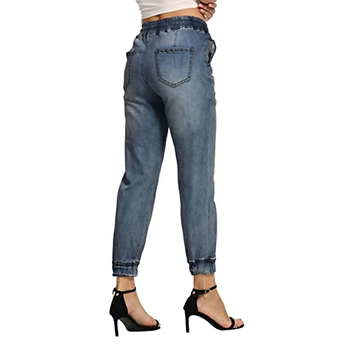 V VOCNI Women's Joggers Denim Sport Fit Drawstring Waist Side Pockets Casual Jeans Dark Blue X-Large