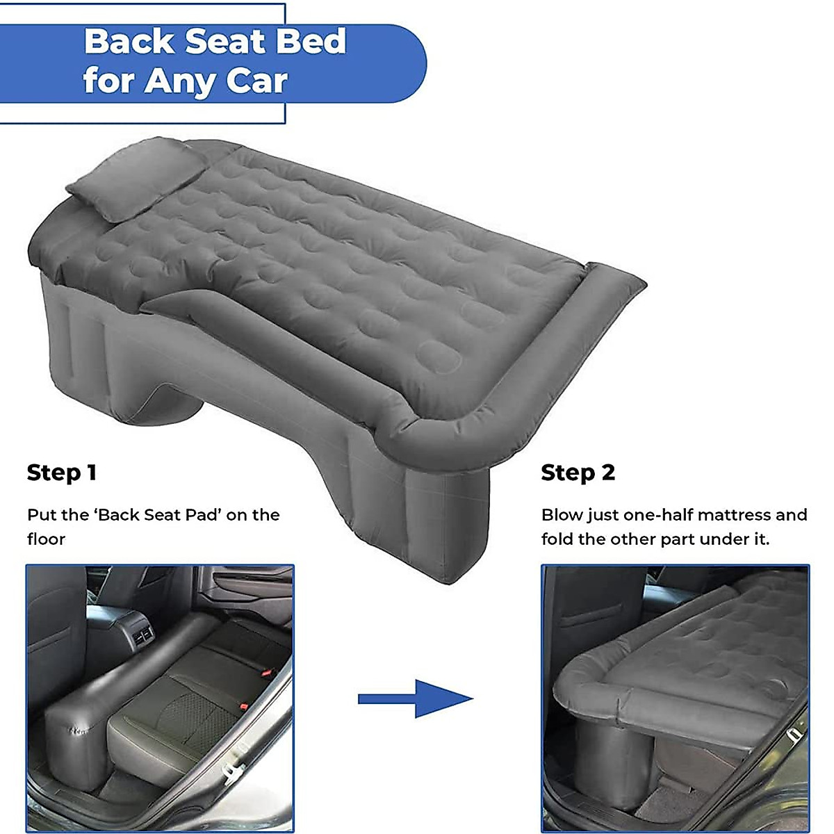 Nifusu SUV Air Mattress, Inflatable Thickened Car Mattress Backseat Fit for 2 People, Double-Sided Flocking Air Bed with Car Air Pump, Portable Sleeping Pad for Road Trip Camping, Outdoor Travel Grey