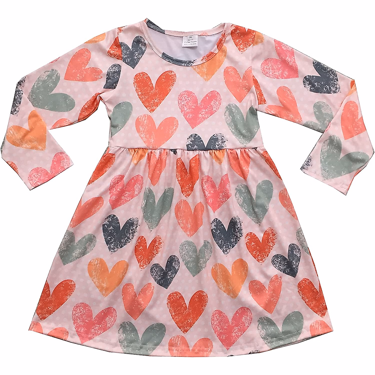 AQHOFSV Toddler Baby Girls Valentine's Day Dress Long Sleeve Tie Dye Colorful Heart Pattern Dresses Milksilk 2-7 Years