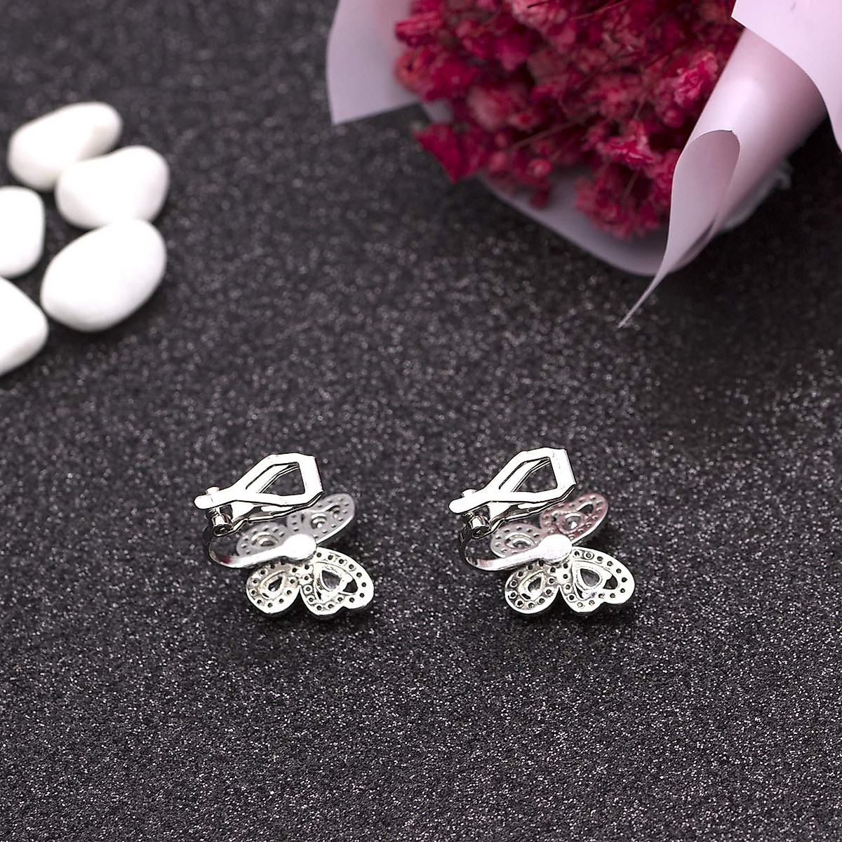 YOQUCOL Butterfly shape Cubic Zirconia Crystal Clip On Earrings Non Pierced Silver Stud for Women