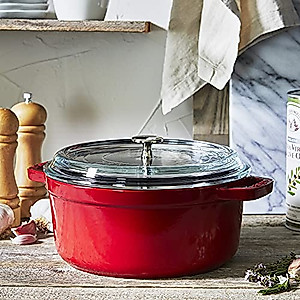 Staub Cast Iron Dutch Oven 4-qt Round Cocotte with Glass Lid, Made in France, Serves 3-4, Cherry