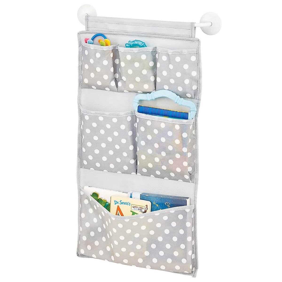 mDesign Soft Fabric Wall Mount/Over Door Hanging Storage Organizer - Self-Adhesive Tape - 6 Pockets for Child/Kids Room or Nursery - Polka Dot Print - Gray/White