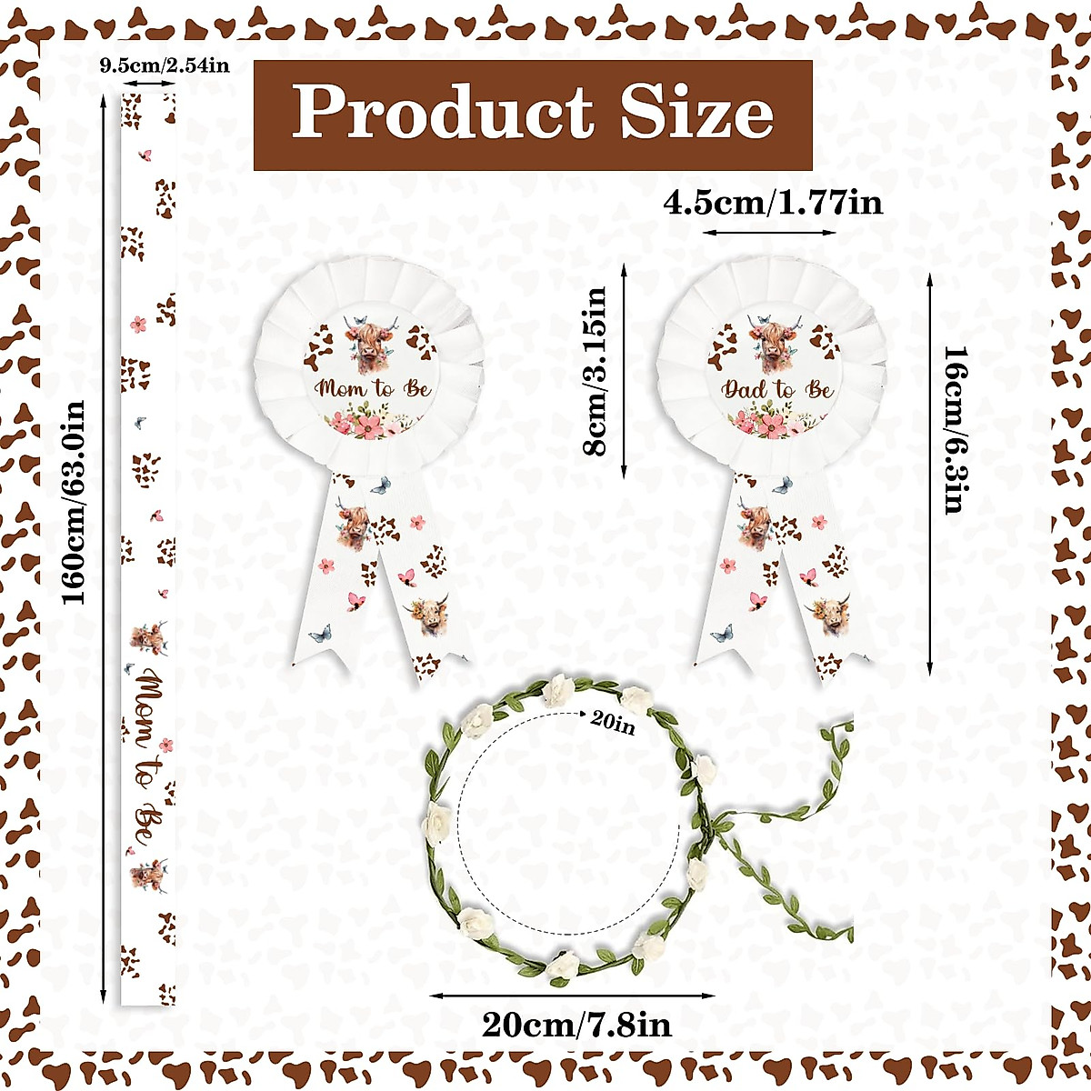 Highland Cow Mom to Be Sash Dad to Be Pin and Flower Crown Headband for Gender Reveals Party Baby Shower Party Favors Decorations for Boys and Girls Pregnancy Props Keepsake