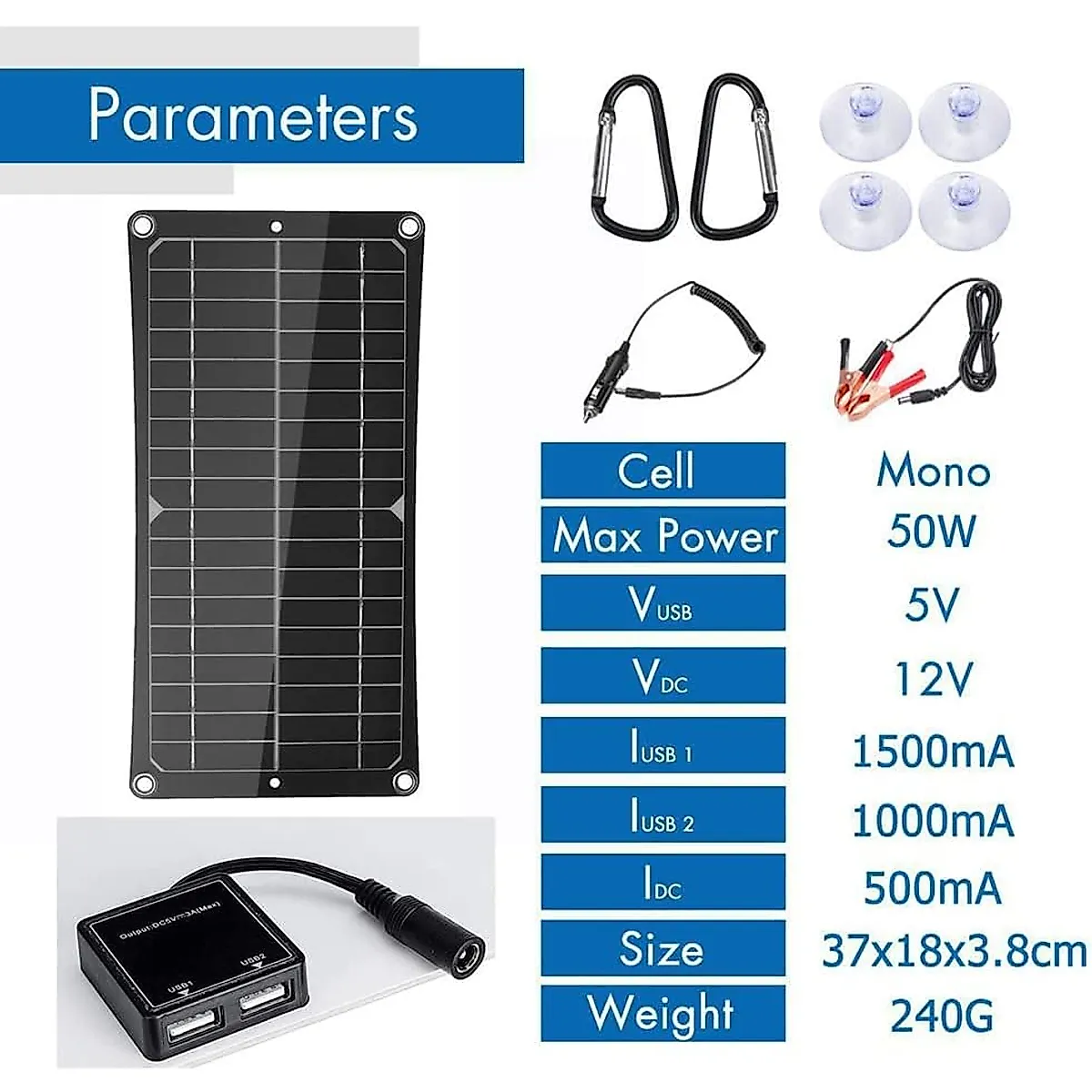Solar Panel Solar Panel Kit 50W 18V Battery Charger Monocrystalline Pv Module with Solar Panel + Solar Controller + Car Charger + Battery Clip + Carabiner + Suction Cup, for Rv Camping Trail