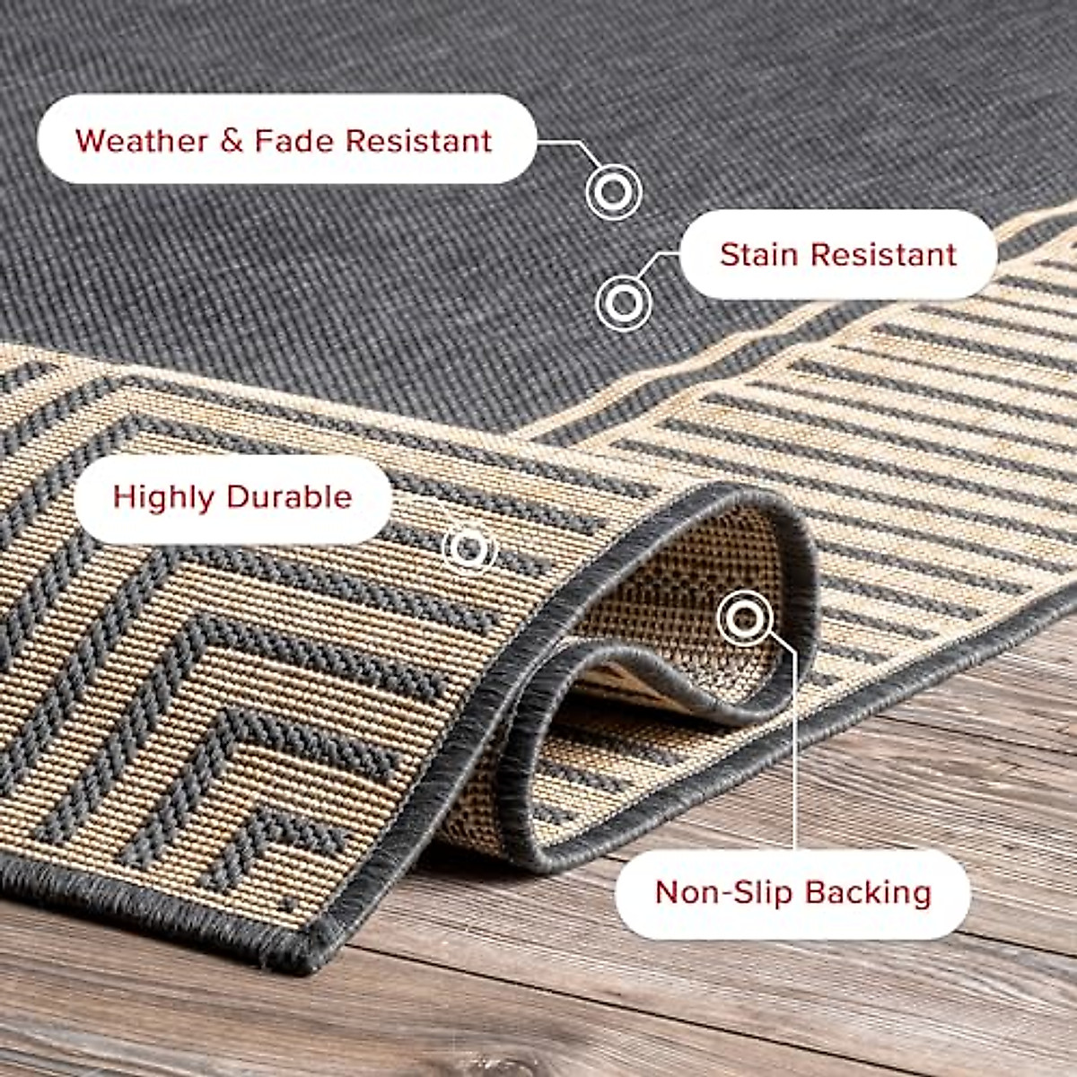 nuLOOM 7' Round Outdoor Area Rug, Casual Design With Striped Border, Stain Resistant, Highly Durable, For Patio, Balcony, Bedroom, Living Room, Dining Room, Bathroom, Dark Grey