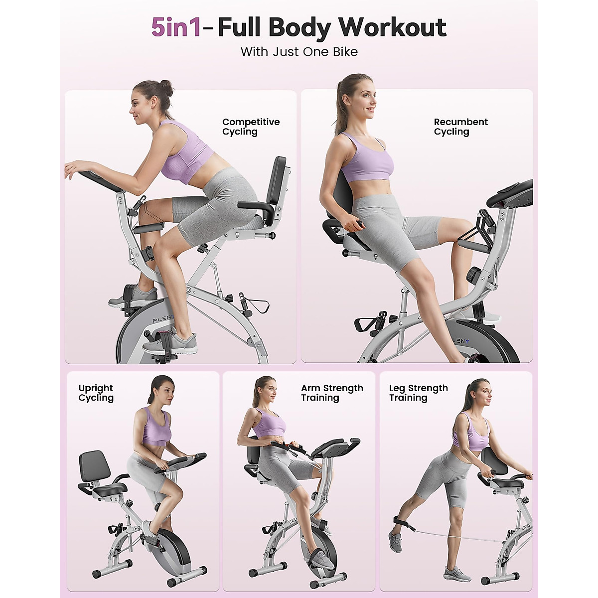 PLENY Folding Exercise Bike, Indoor Stationary Bike 16-Level Magnetic Resistance with Arm Resistance Band, Back Support Cushion Workout Bike for Home Workout Gym - Gray