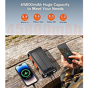 GOODaaa Power Bank Wireless Charger 45800mAh Built in Hand Crank and 4 Cables 15W Fast Charging Power Bank 7 Outputs & 4 Inputs Solar Portable Charger, SOS/Strobe/Strong Flashlights, Compass (Orange)