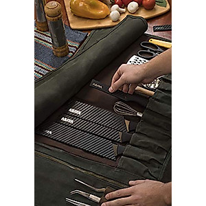 Asaya Waxed Canvas Knife Roll - 15 Knife Slots, Card Holder and Large Zippered Pocket - Genuine Leather, Cloth and Brass Buckles - for Chefs and Culinary Students - Knives Not Included