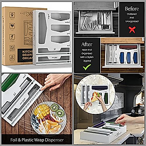 Metro Modernization Kitchen Drawer Organizer – 6-in-1 Ziplock Bag Storage and Foil Plastic Wrap Dispenser with Cutter Bamboo for Bags Wrap, White, Large Standard Size