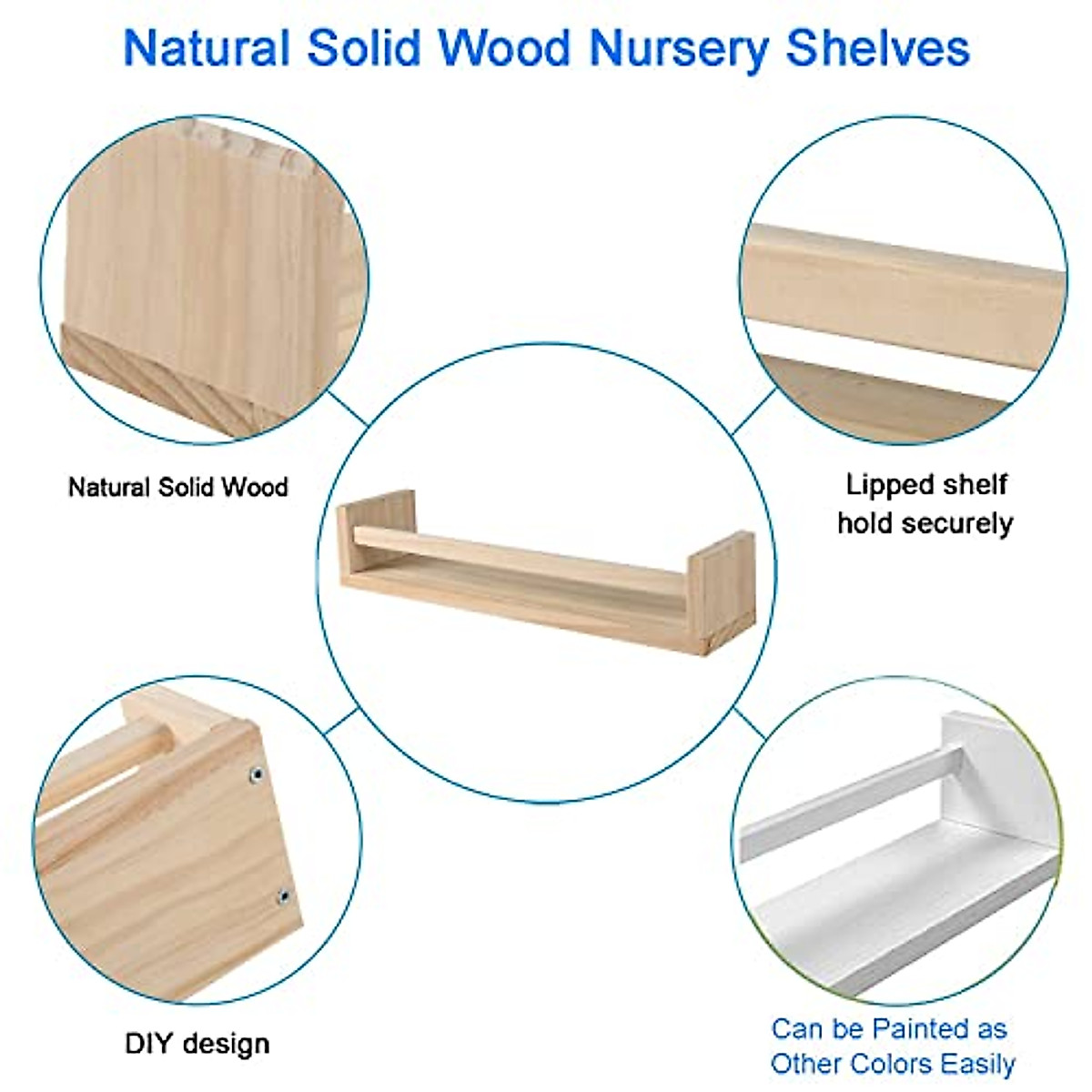 JORIKCHUO Nursery Book Shelves, Set of 2 Wood Floating Book Shelves for Kids Room, Kitchen Spice Rack, or Rustic Wall Mounted Shelves for Farmhouse Bathroom Decor (Natural Wood)