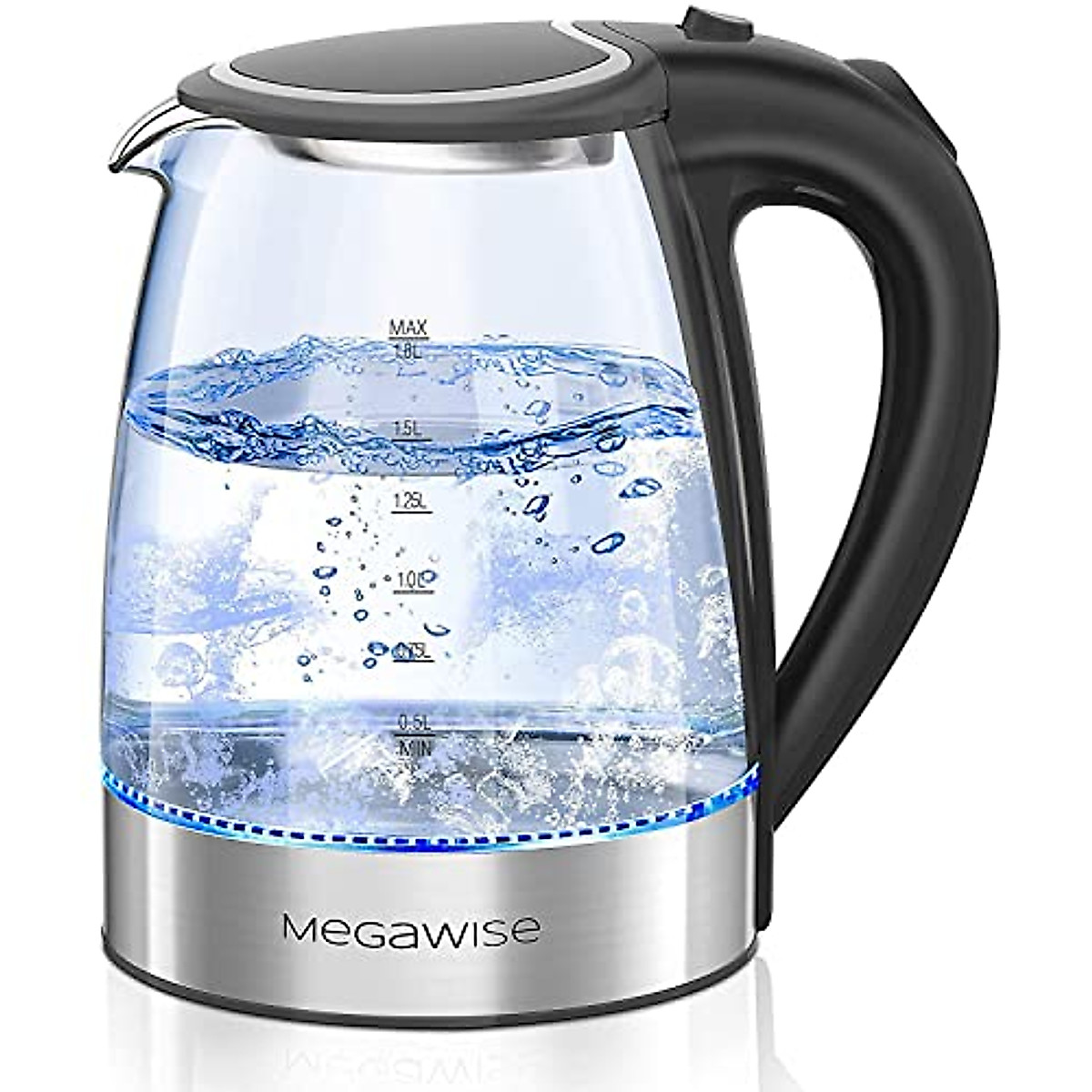 MegaWise 1500W Electric Kettle, 1.8L Borosilicate Glass Tea Kettle with LED Light, Auto Shut-Off and Boil-Dry Protection Cordless Kettle Fast Boiling, BPA Free