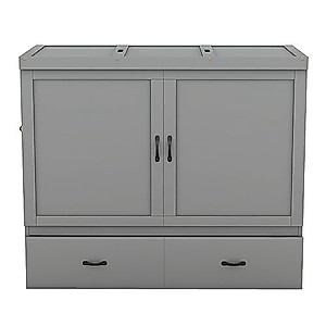 Full Size Murphy Bed with USB Port and Storage Drawers, Wood Full Platform Bed Frame with Charging Station, Full Murphy Bed for Bedroom Murphy Bed Cabinet Murphy Chest Bed (Gray)