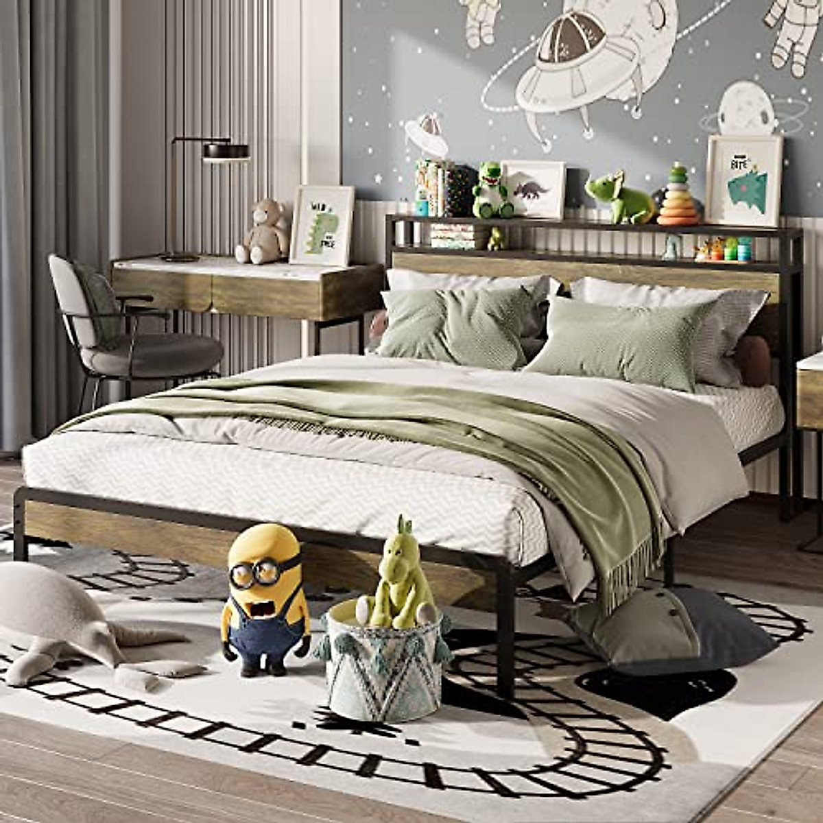 LIKIMIO Full Bed Frame, Platform Bed Frame Full with 2-Tier Storage Headboard and Strong Support Legs, More Sturdy, Noise-Free, No Box Spring Needed, Rustic Maple