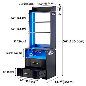 Vlsrka Tall Nightstand with Charging Station, 54" Smart Nightstand with LED Lights, Modern Night Stand with Bookshelf, Bedside Tables with Storage Cabinet for Bedroom, Black