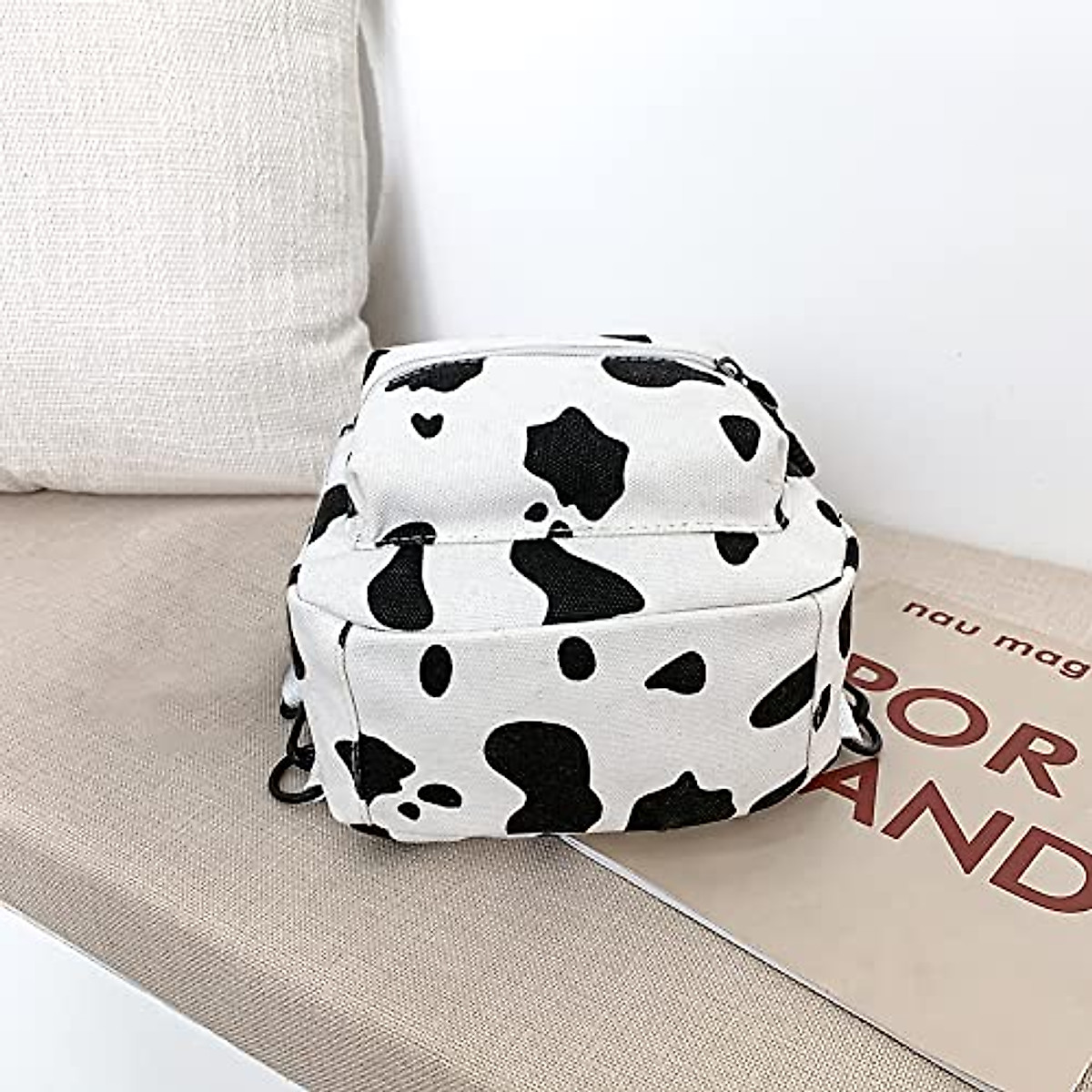 AIZHIYI Cow Print Backpack Women Canvas Schoolbag Teenage Girl Mini Bagpack (White)