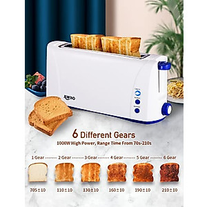 JEWJIO Long Slot White Toaster 2 Slice With Blue Buttom, 1.5” Wide Slot Best Slim 2 Slice Toaster, One Long Slot Toaster with Defrost/Reheat/Cancel/6 Bread Shade Settings/Removable Crumb Tray, Easy to Storage in Kitchen, RV, Sideboard, 1000W