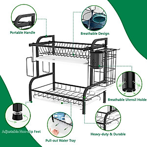 C&AHOME 2-Tier Dish Drying Rack, Large Capacity Stainless Steel Dish Drainer with Utensil Holder, Knife Holder, Cutting Board Holder, 3 Removable Drain Board and Adjustable Feet for Kitchen Black