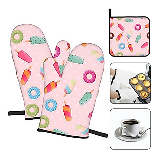 Many Colored Ice Cream Oven Mitts and Pot Holders Sets of 3 Washable Heat Resistant Hot Pads Non-Slip BBQ Gloves for Kitchen Cooking Baking Grilling