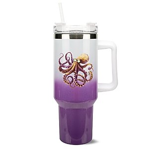 Elanze Designs Octopus Ocean Creature Sunglasses 40 oz. Stainless Steel, Large Water Bottle Coffee Mug, Spill & Leak Resistant, Thermal Travel Tumbler with Handle, Lid & Straw, White & Purple