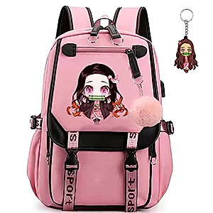 GDFENDU Japanese Anime Backpacks with Keychains,USB Charging Port Student School Bag Laptop Cosplay for Boys Girls (Pink)