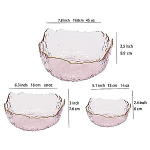 Glass Salad Bowls 3 Piece Set, Irregular Shape Phnom Penh Serving Bowls,Glass Bowls for Kitchen,Pretty Serving Bowls for Pasta, Dessert, Popcorn, Fruit, Snacks - Refrigerator Freezer Safe (Light Pink)