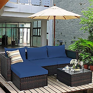 Tangkula 5 Piece Outdoor Patio Furniture Set, Sturdy Frame and Weight Capacity Up to 360 Pounds, Wicker Sectional Sofa Set with Glass Top Coffee Table, Porch Garden Poolside Furniture for 4