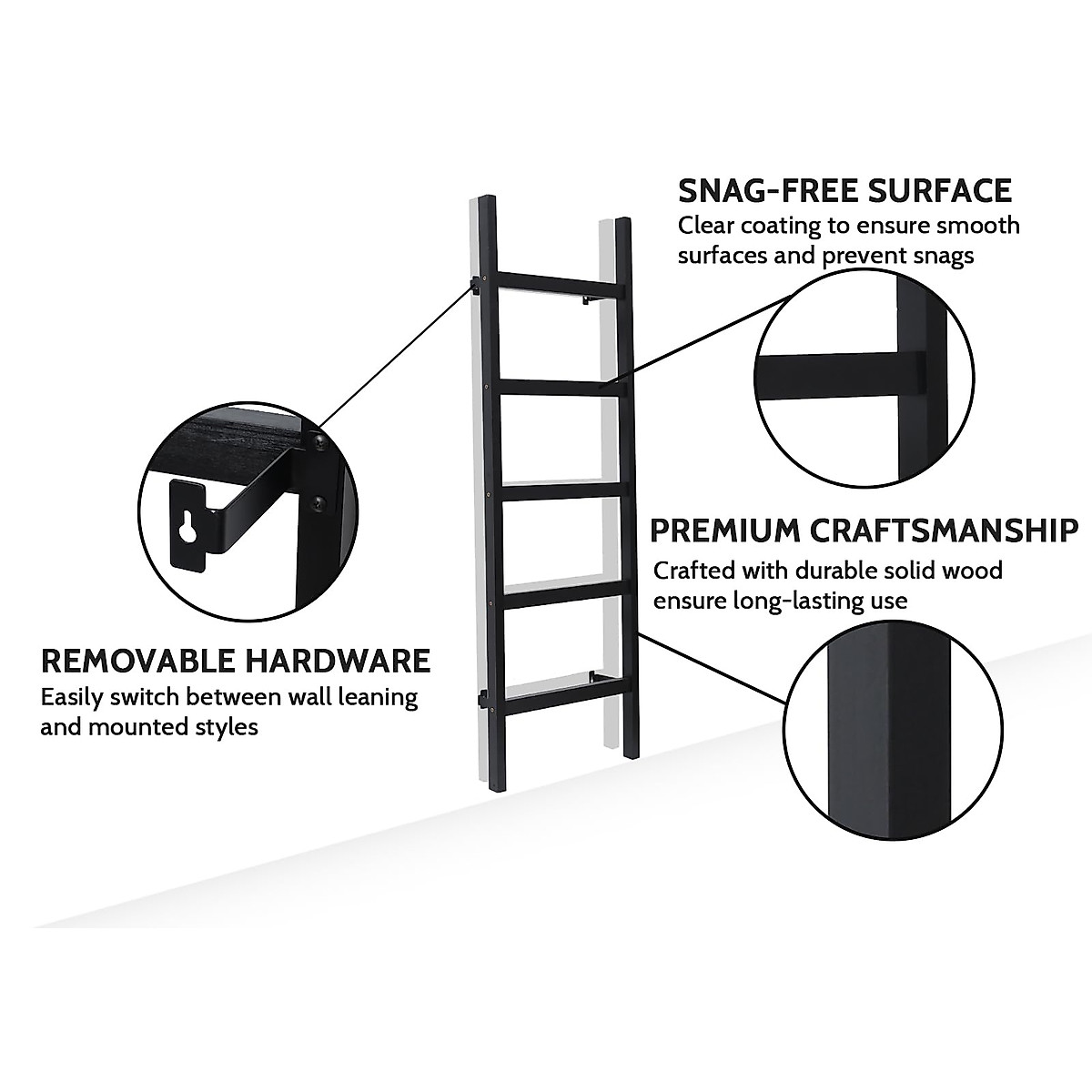 FUIN Wall Mounted 57in Wooden Blanket Ladder Living Room Decorative Farmhouse Quilt Display Holder Rustic Wood Towel Rack for Bathroom, Black