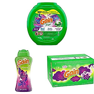 Gain Moonlight Breeze Bundle: Laundry Detergent Soap Pacs HE Compatible 75 ct + Fireworks In-Wash Scent Booster Beads, 24 oz + Dryer Sheets Laundry Fabric Softener, 240 Count
